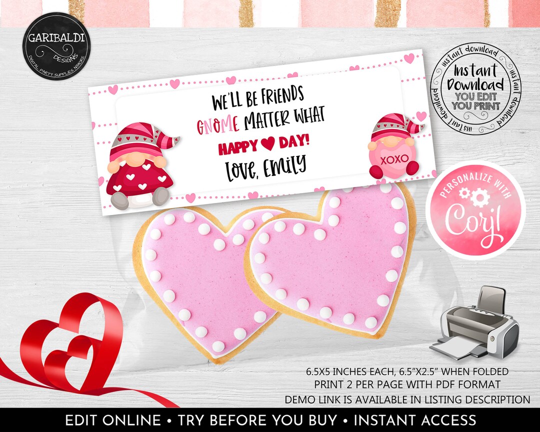 Editable Valentine's Day Bag Topper, Gnome Valentine's Day Treat Bag ...