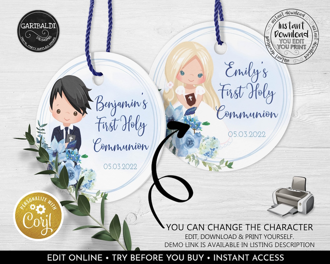 Editable First Communion Labels Printable Blue Flowers Girl Boy First ...
