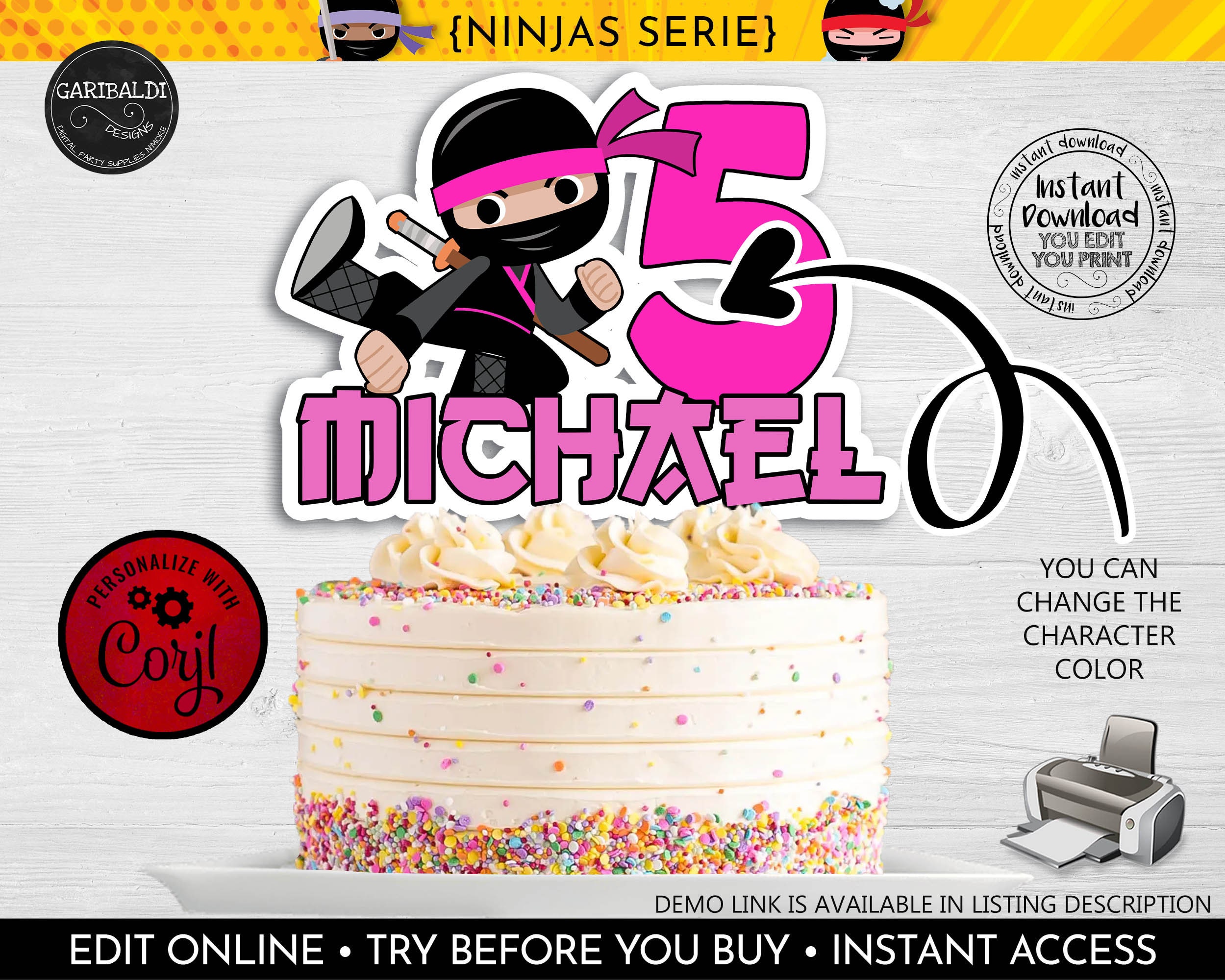 Editable Ninja Cake Topper Instant Download Ninja Birthday Decorations ...