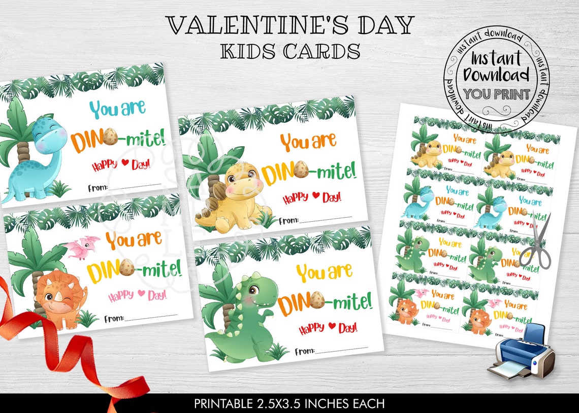 Printable Dinosaur Valentine Cards Kids Valentine Cards School | Etsy
