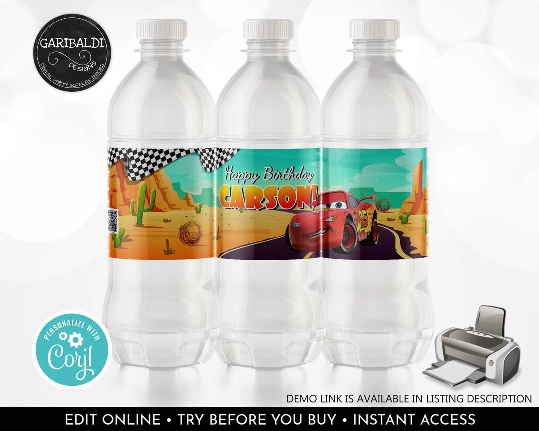 Editable Racing Cars Water Bottle Labels Radiator Springs Favor Tags ...