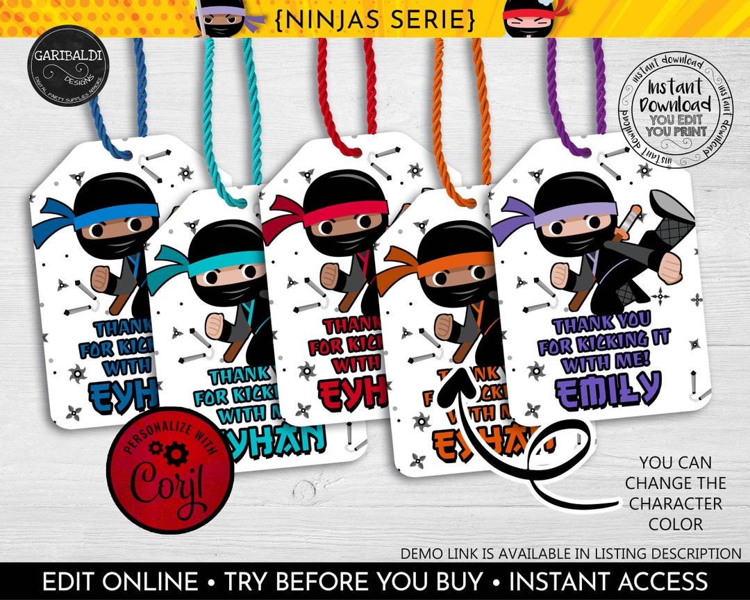 Editable Ninja Favor Tags Ninja Gift Tags Instant Download Ninja Thank You Tags Ninja Birthday ...