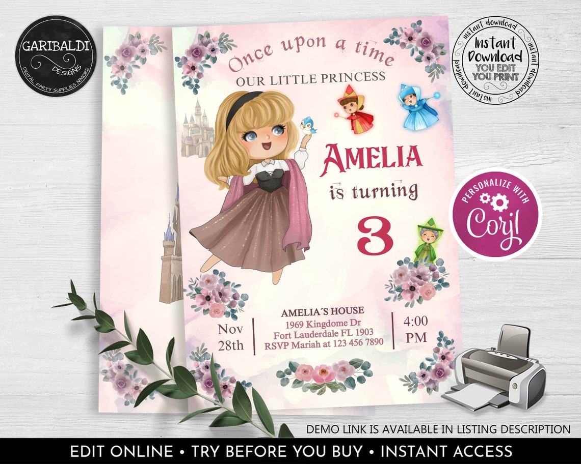 Editable Sleeping Beauty Birthday Invitation Printable Princess ...