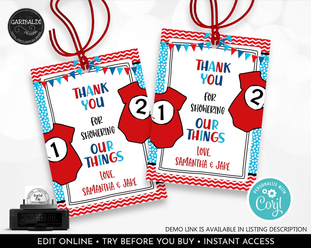 Twins Baby Shower Tags It's Twins Gift Tags Baby 1 Baby 2 Thank You ...