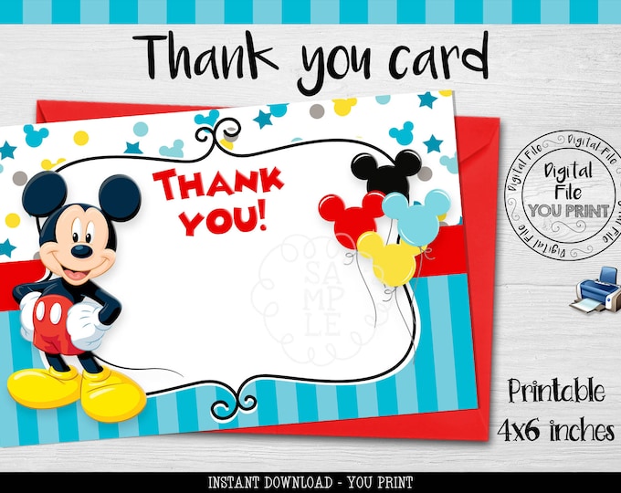 Instant Download Mickey Thank You Card Printable Mickey - Etsy