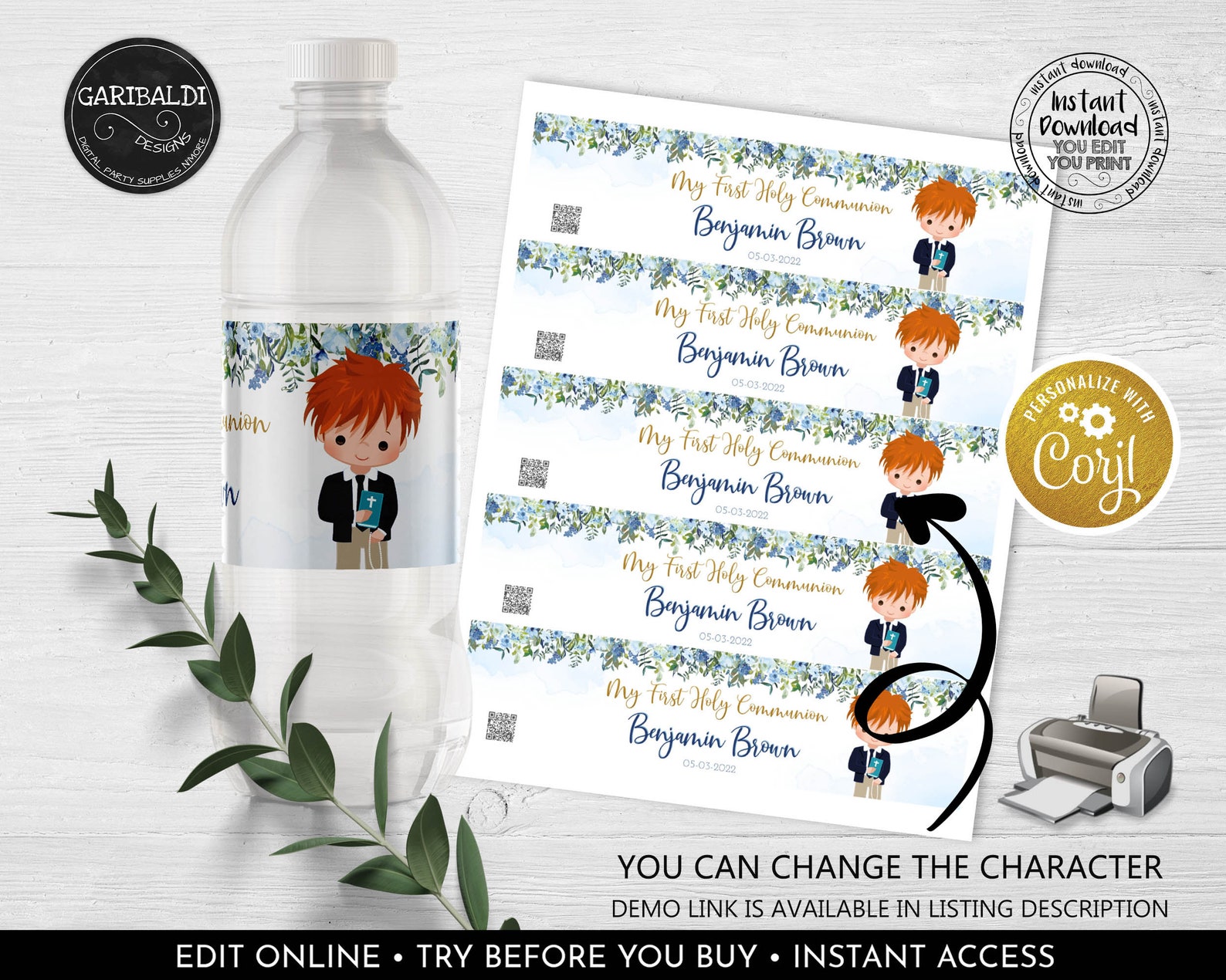 Editable First Communion Water Labels Printable Blue Flowers First Holy ...