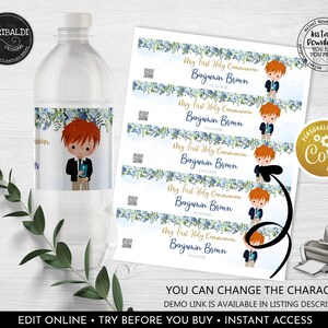 Editable First Communion Water Labels Printable Blue Flowers First Holy ...