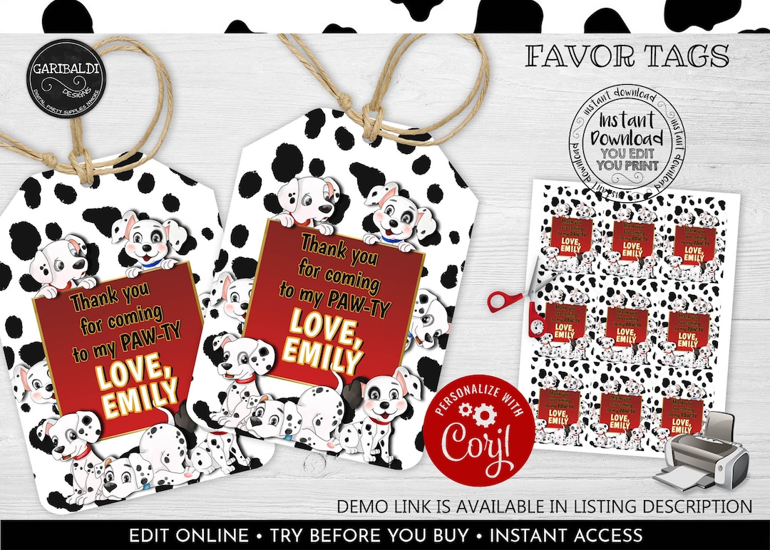Editable Dalmatians Favor Tags, Puppy Dog Thank You Tags, Puppies ...
