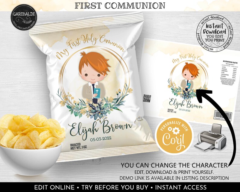 Editable First Communion Chip Bag Wrapper Printable Boy First | Etsy