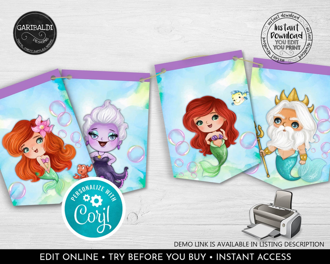 Editable Mermaid Pennant Banner Printable Under the Sea Banner - Etsy