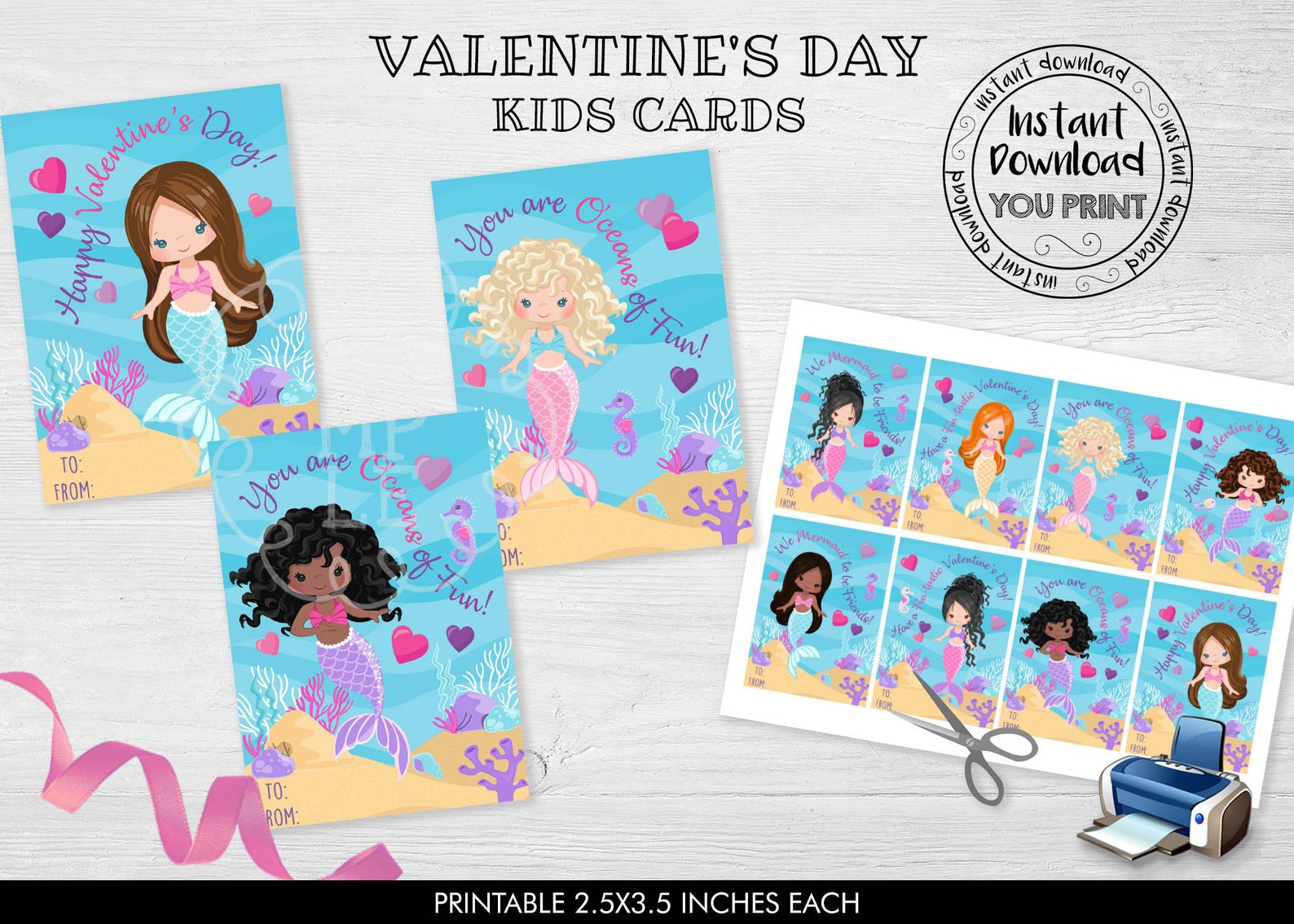 Printable Mermaid Valentine Cards Mermaid Valentines Cards | Etsy