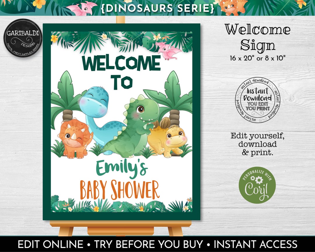 Editable Dinosaur Welcome Baby Shower Sign Printable Dinosaur Poster ...
