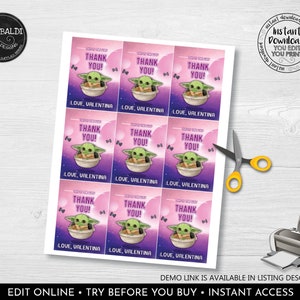 Editable Pink Yoda Favor Tags Printable Space Baby Gift Tags Star Wars ...