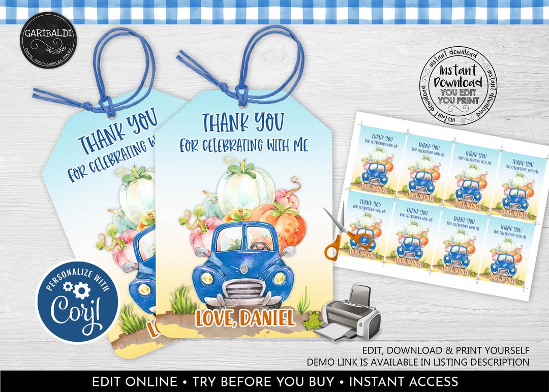 Editable Pumpkin Favor Tags, Printable Blue Truck Fall Thank You Tags ...