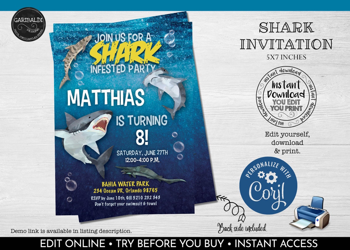 Editable Shark Birthday Party Invitation Printable Sharks | Etsy