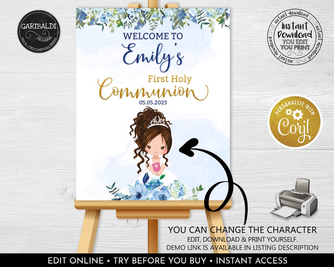 First Holy Communion Welcome Sign Editable Floral Blue Welcome Board ...
