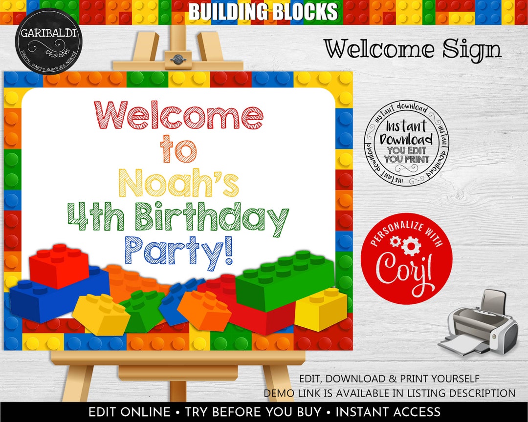 Editable Building Blocks Welcome Sign Building Blocks Birthday Party ...