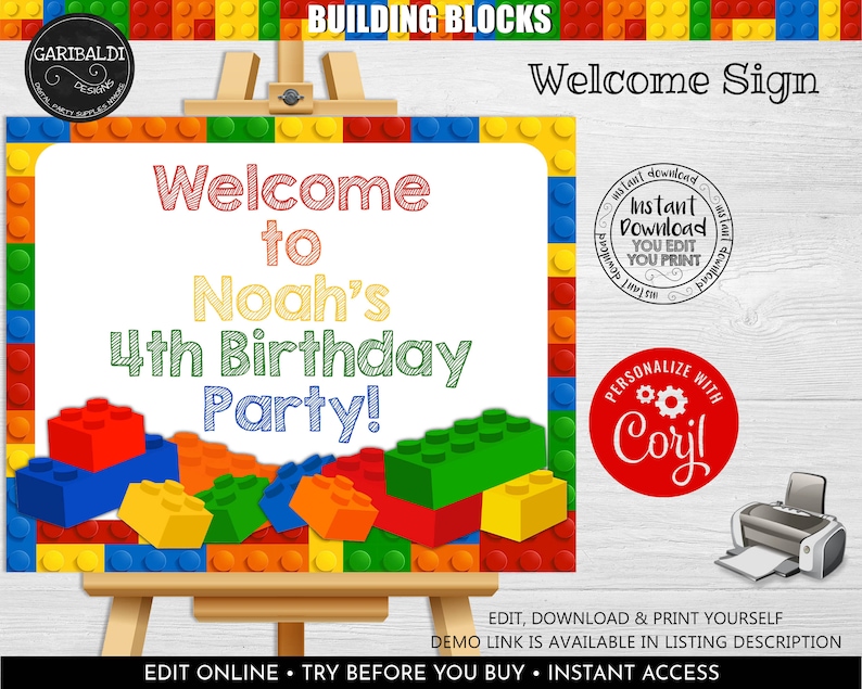 Editable Building Blocks Welcome Sign Building Blocks Birthday Party ...