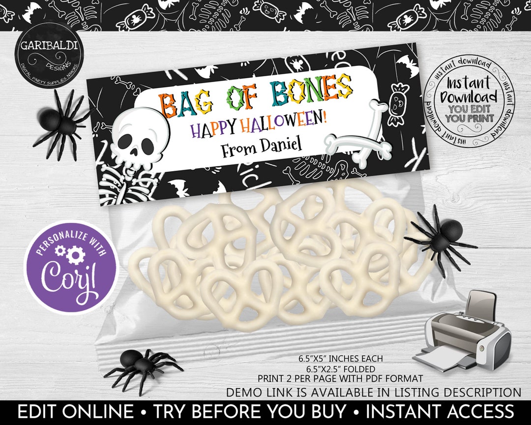 Bag of Bones Topper Editable Halloween Treat Bag Topper Skeleton Treat ...