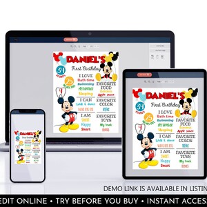 Editable Mickey Mouse Milestone Board Mickey First Birthday Board Fun ...