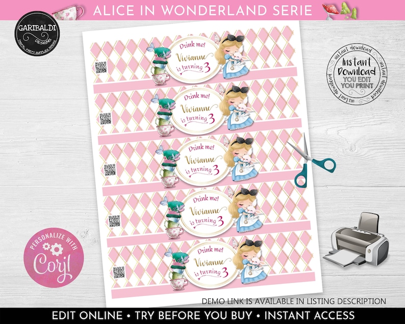 Editable Alice in Wonderland Water Bottle Labels Printable - Etsy