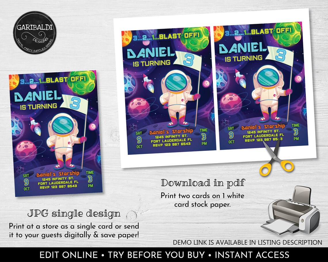 Editable Space Birthday Party Invitation Outer Space Galaxy Planets ...