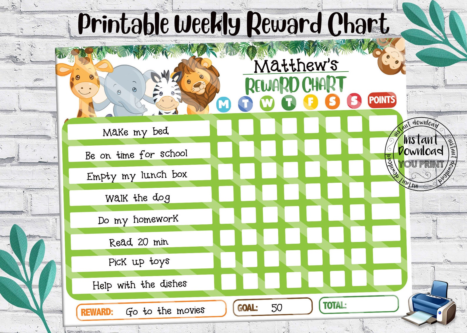 Instant Download Safari Reward Chart Printable Safari Chart | Etsy