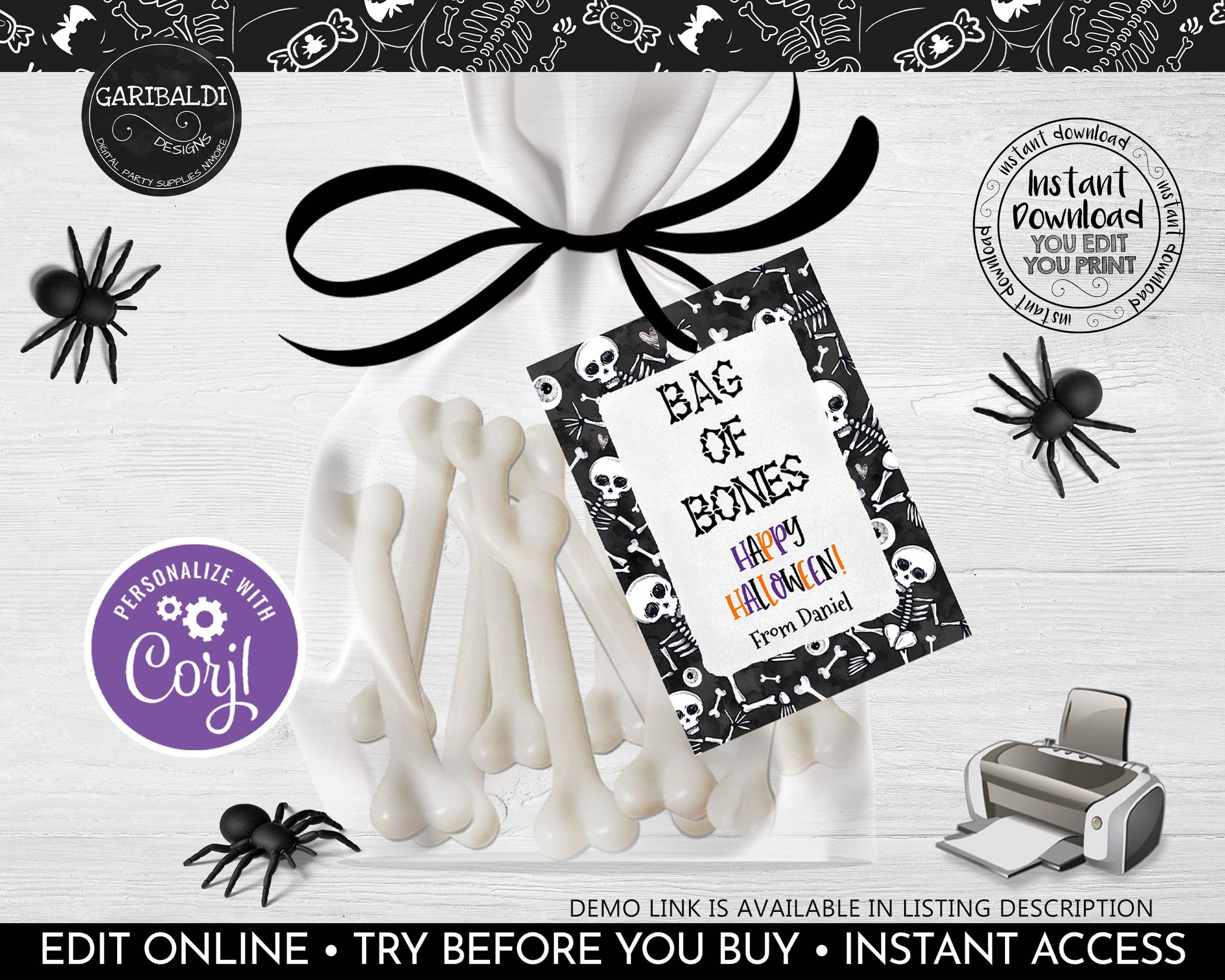 Editable Halloween Gift Tag Skeleton Bag of Bones Gift Tag Halloween ...
