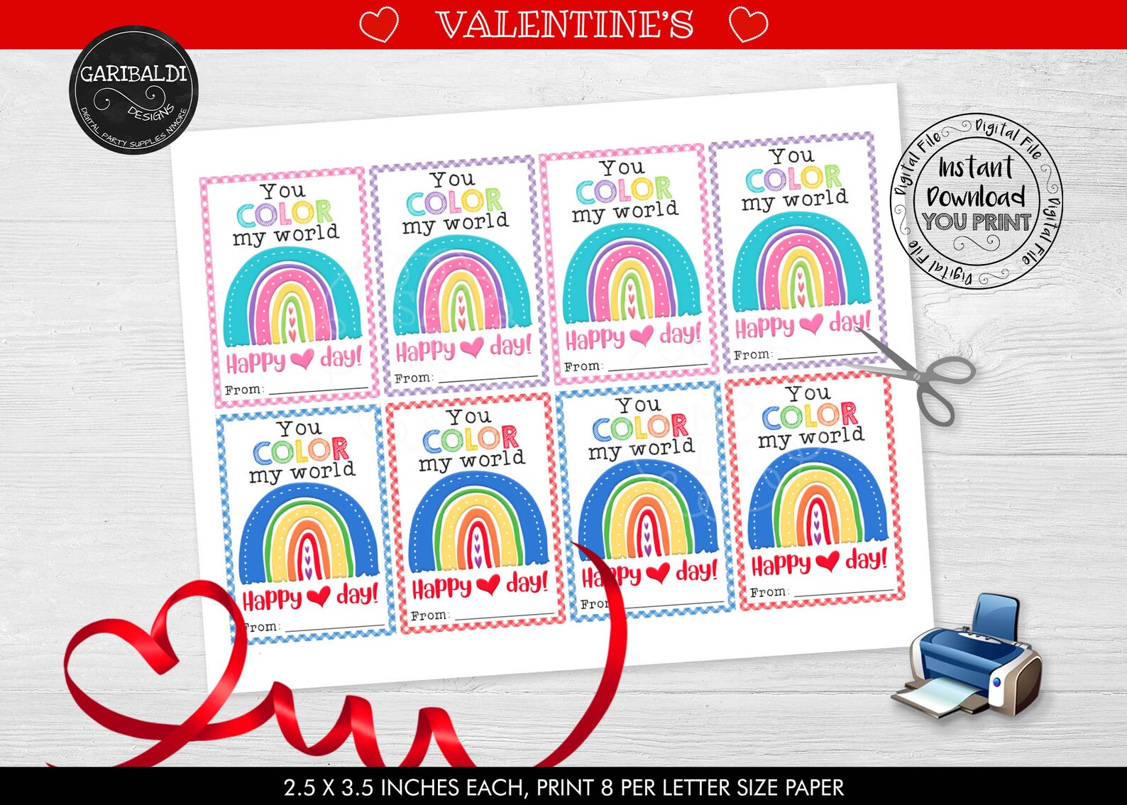 Printable Rainbow Valentine's Day Card You Color My World - Etsy