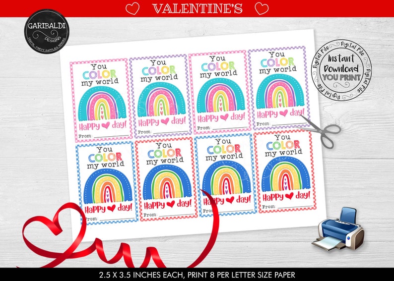 Printable Rainbow Valentine's Day Card You Color My World Valentine's ...