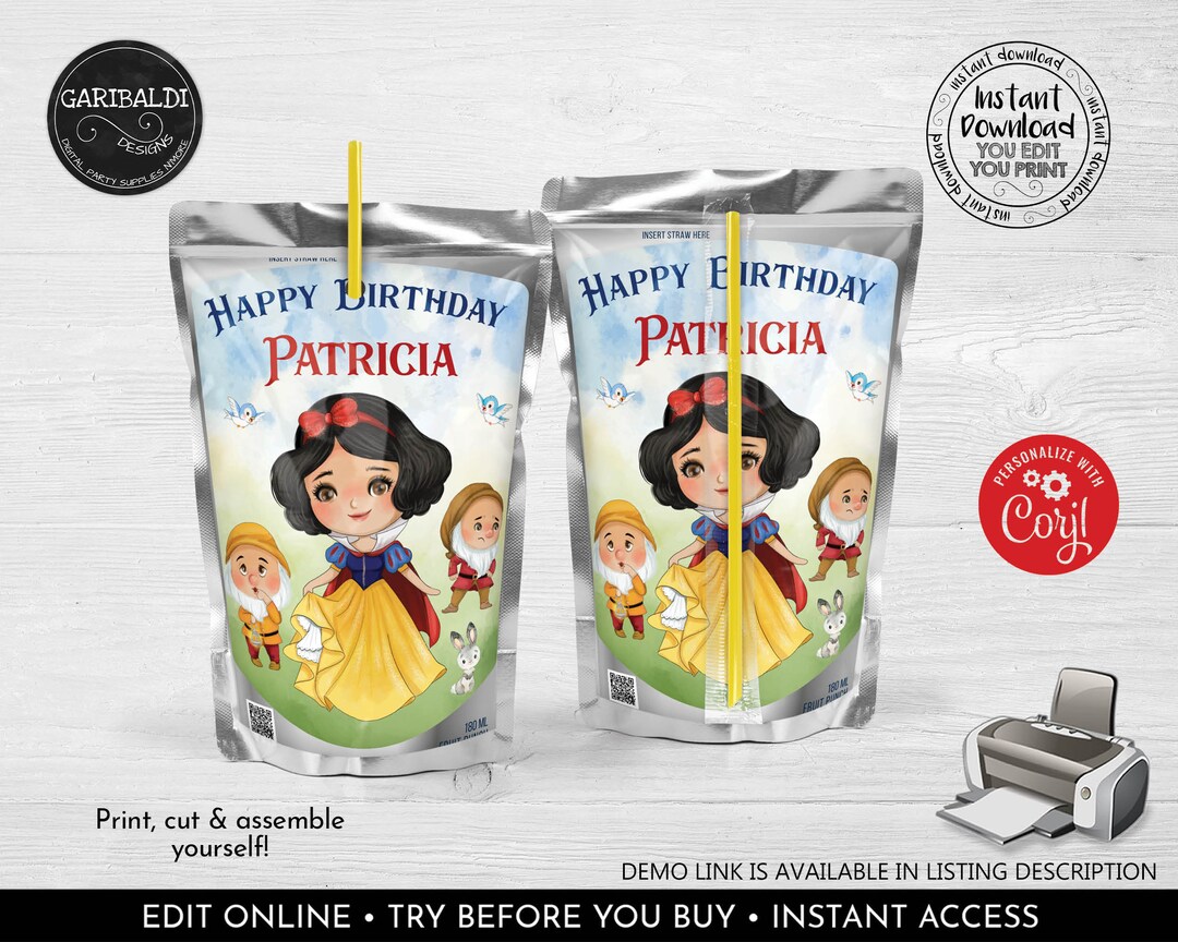 Editable Snow White Juice Pouch Labels Seven Dwarfs Juice Box Label ...