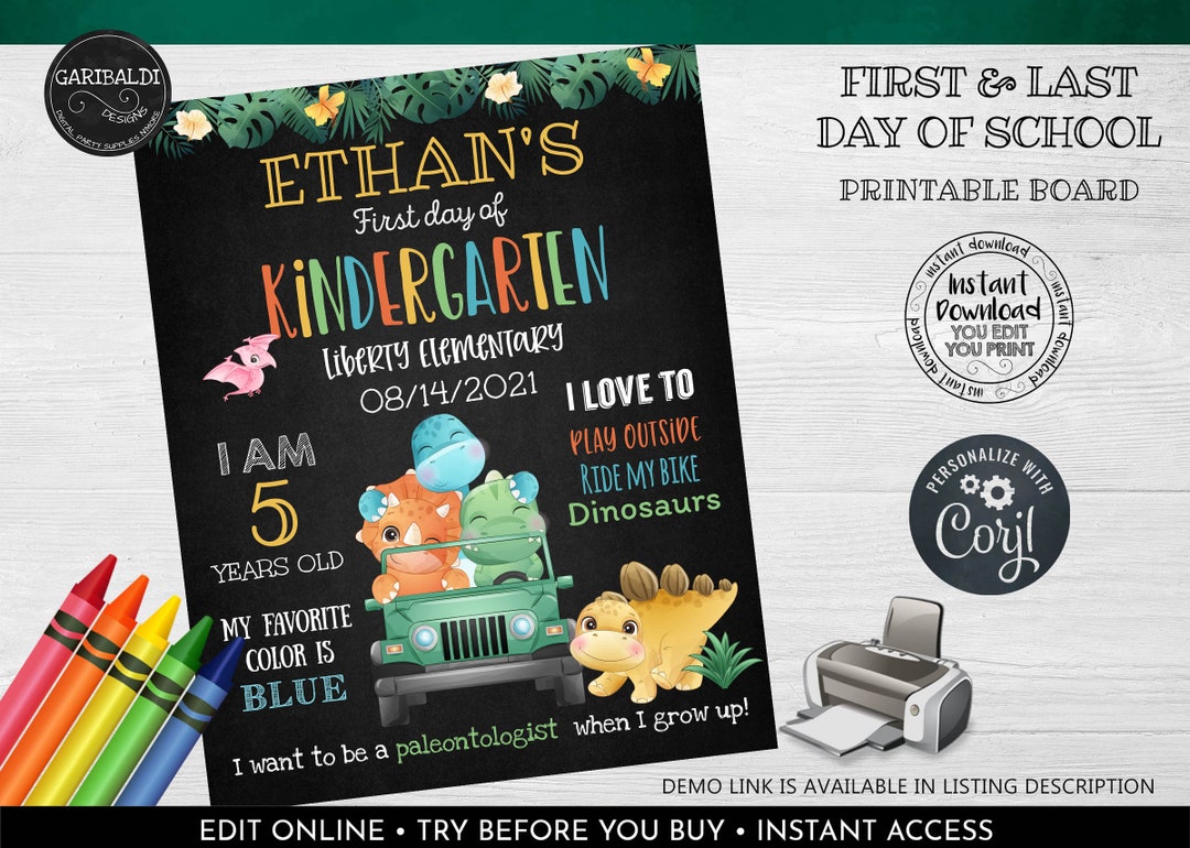Editable First Day of School Sign Printable Back to School Dinosaur ...