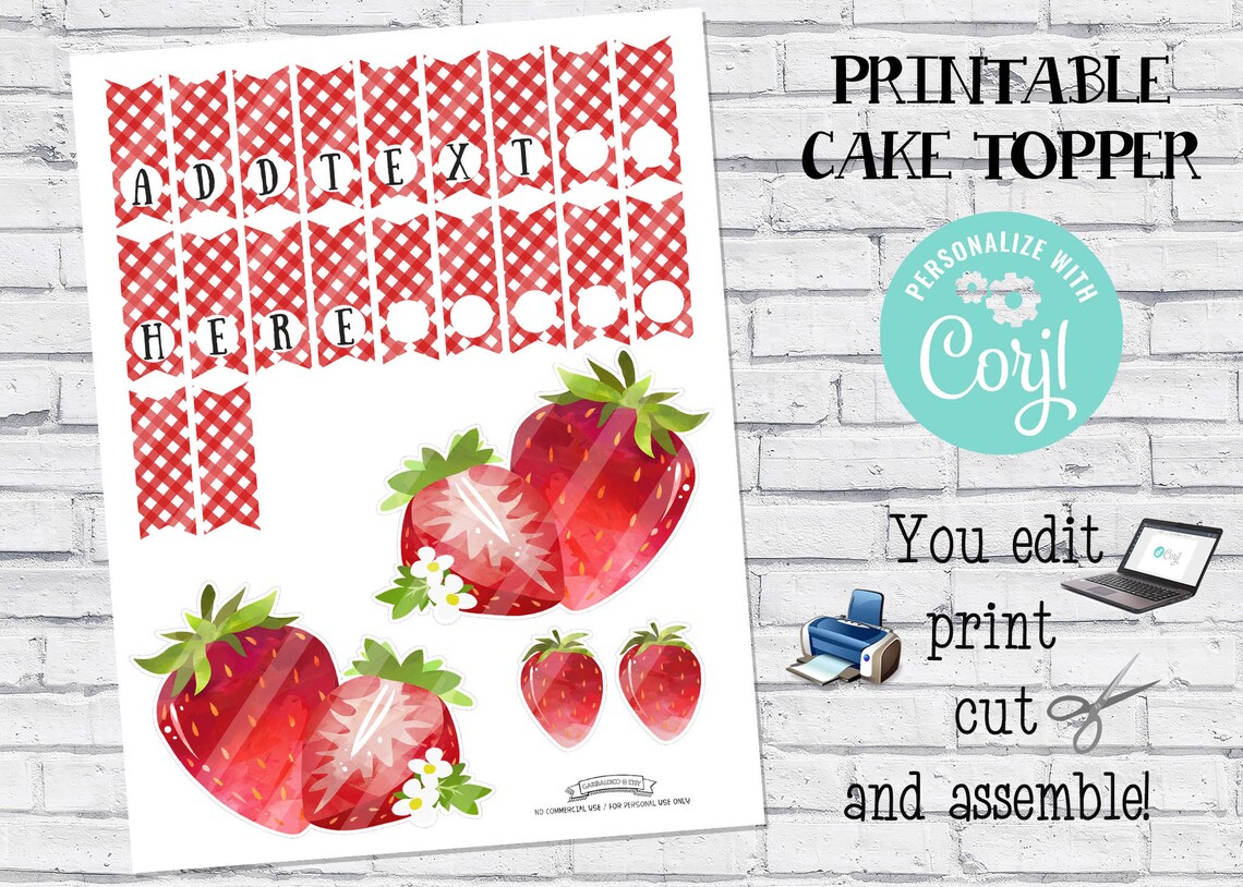 Printable Strawberry Cake Topper, Strawberry Birthday Party Supplies ...