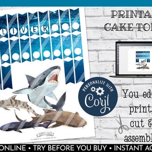 Editable Shark Cake Topper, Printable Shark Birthday Cake Topper, Shark ...
