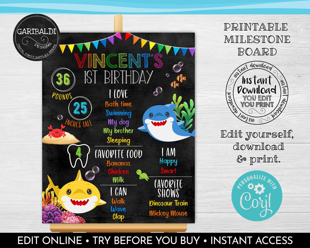 Editable Shark Milestone Board, Little Shark Birthday Poster, Instant ...