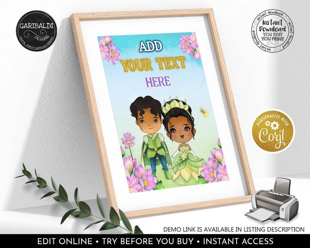 Editable Princess and the Frog Custom Sign Princess Tiana Birthday ...