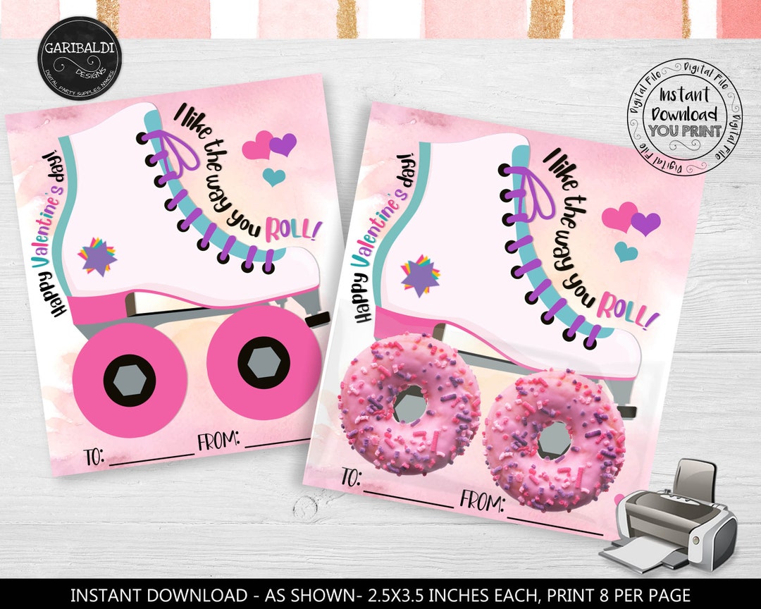 Roller Skate Valentine's Day Card Valentines Favor Tag Mini Donut ...