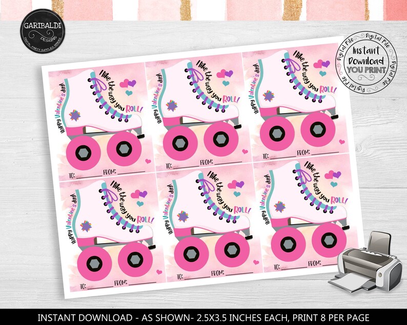Roller Skate Valentine's Day Card Valentines Favor Tag Mini Donut ...