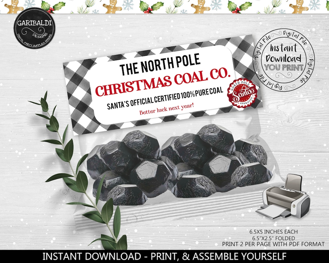 Instant Download Santa's Coal Bag Topper North Pole Coal Cookie Candy ...