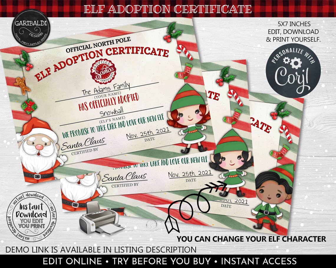Editable Elf Adoption Certificate Printable Santa's | Etsy
