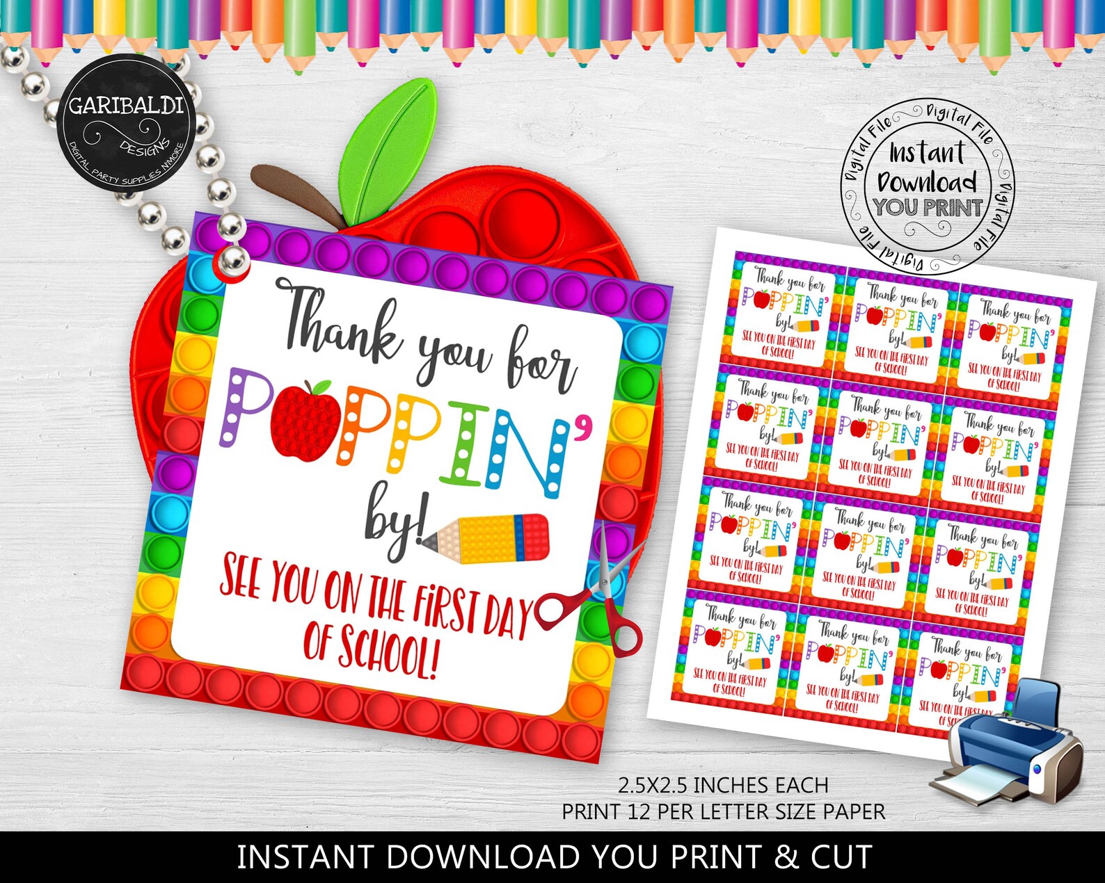 Back to School Gift Tag Open House Pop Toy Fidget Favor Tag Thank You ...