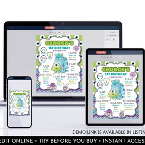 Editable Monsters Milestones Board Monsters First Birthday Sign Little ...