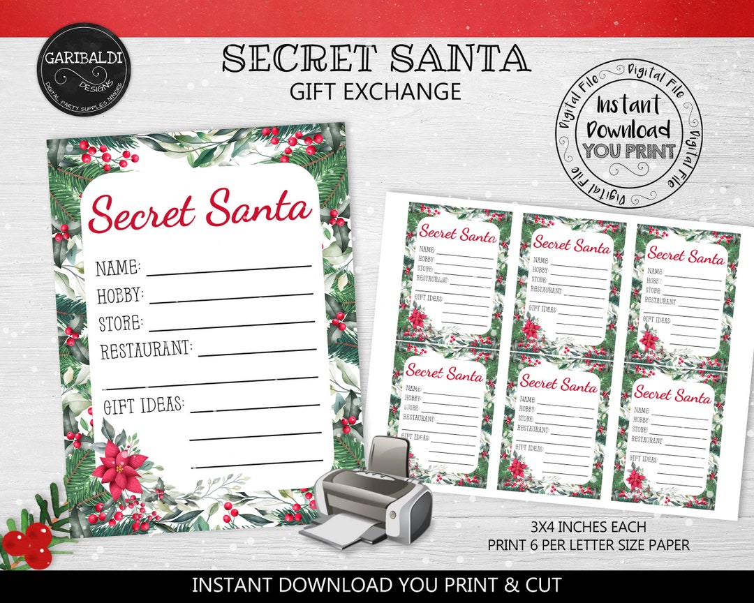 Secret Santa Questionnaire Card Secret Santa Printable Cards Secret ...