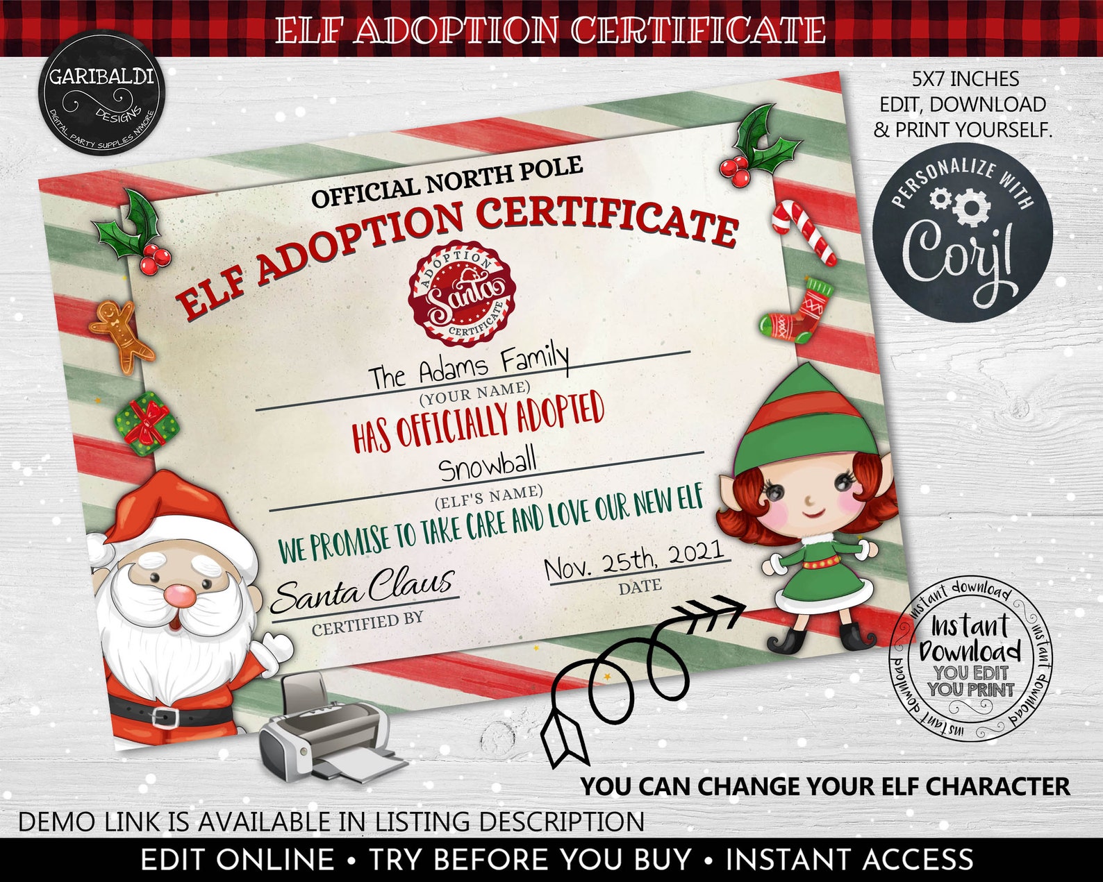 Editable Elf Adoption Certificate Printable Santa's | Etsy