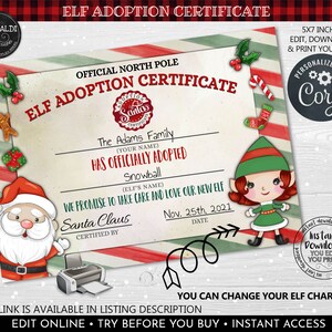 Editable Elf Adoption Certificate Printable Santa's Official Adopt an ...