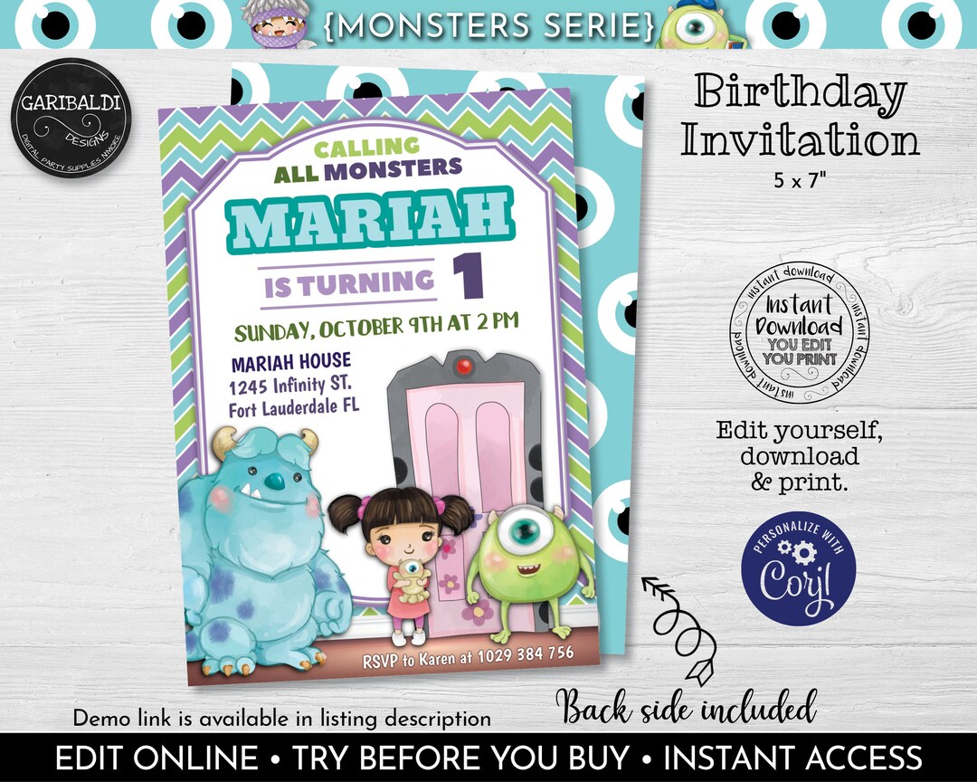 Editable Monsters Birthday Party Invitation Printable Monsters ...