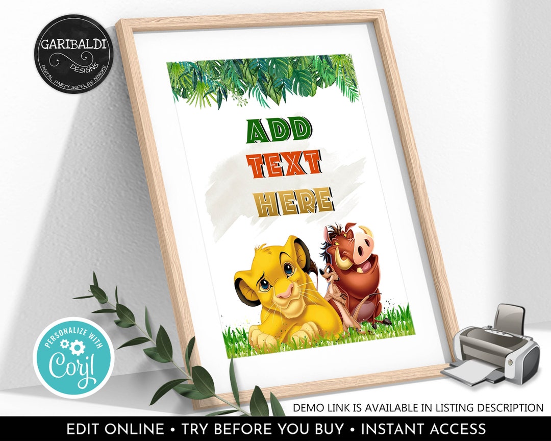 Editable Lion King Party Sign Safari Lion Birthday Party Table Decor ...