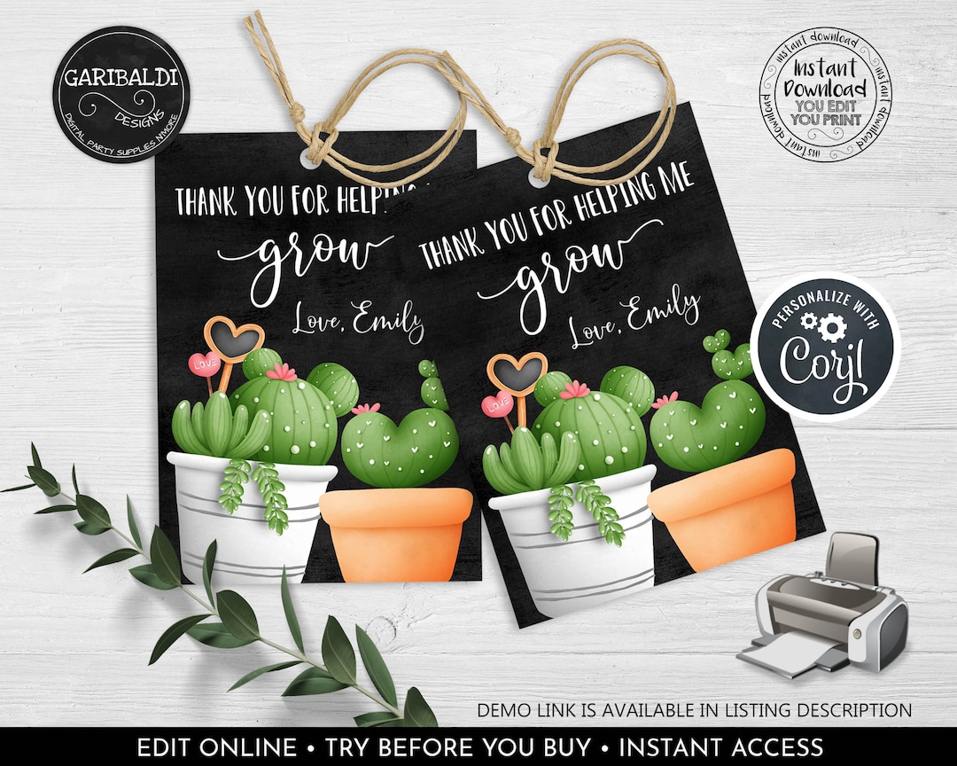 Editable Teacher Appreciation Tags Thank You for Helping Me Grow ...