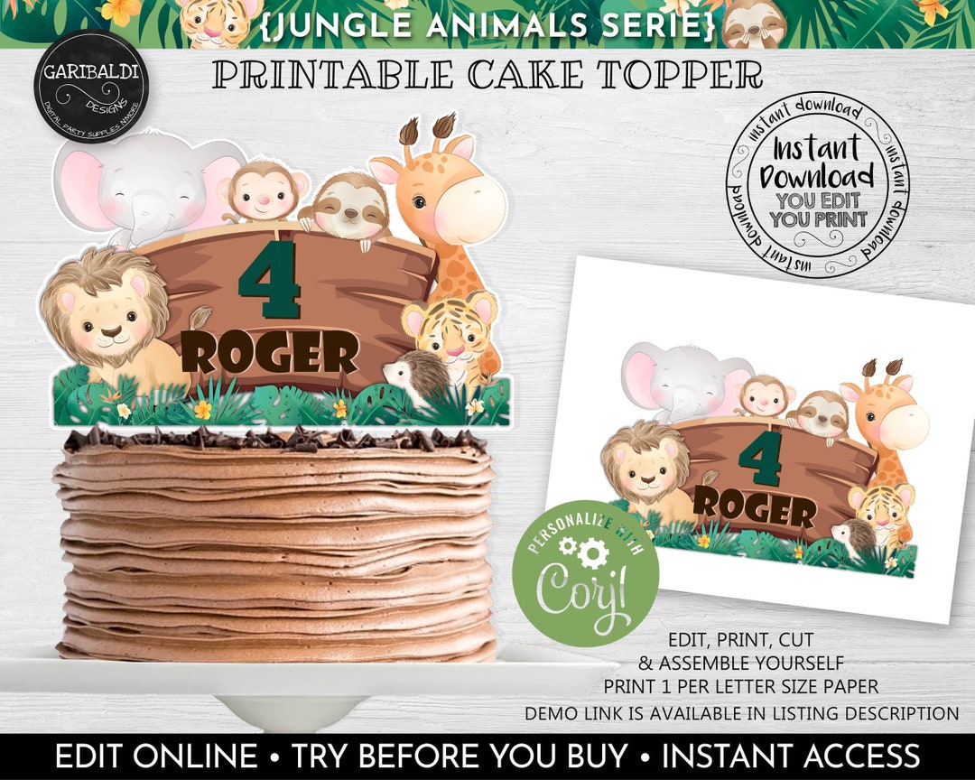 Editable Safari Animals Cake Topper Instant Download Jungle ...