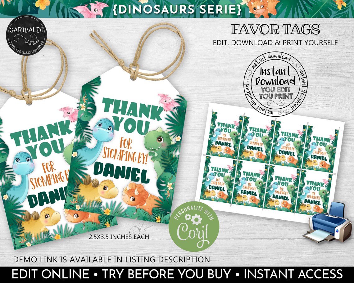 Editable Dinosaurs Favor Tags Dinosaurs Gift Tag Instant - Etsy